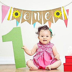 Doumeny Jute Burlap One Banner with Sunflower One HighChair Banner Boy Girl 1st/First Birthday Bunting Banner Baby Shower Party Banner Sunflower Tassel Ribbon Garland Banner for Party Photo Prop Decor