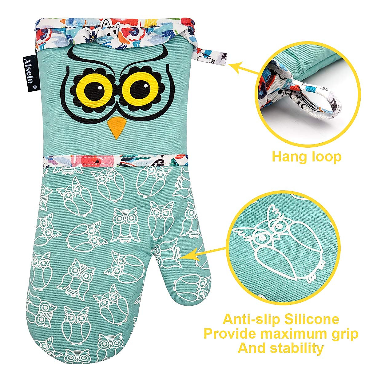 Alselo Oven Mitts, Heat Resistant with Soft Quilted Cotton Lining Set of 2, Fashion Animal Design with Silicone Printing Anti-Slip Kitchen Gloves for Safe Backing Cooking Barbecue (Green 2)