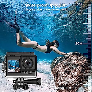 SJCAM Upgraded SJ4000 Action Camera 4K Ultra HD Dual Screen Underwater Camera 98FT Waterproof, 170° Wide Angle, Stabilization, 5X Zoom, WiFi Camera with Extra Battery, SD Card, Helmet Accessories Kit