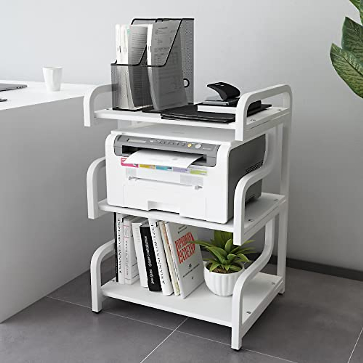 Natwind 3-Tier Printer Stand with Wheels Movable Storage Cart Floor-Standing Multi-Purpose Shelf Rack for Media Player Scanner Files Books Microwave Oven in Kitchen Living Room Home Office (White)