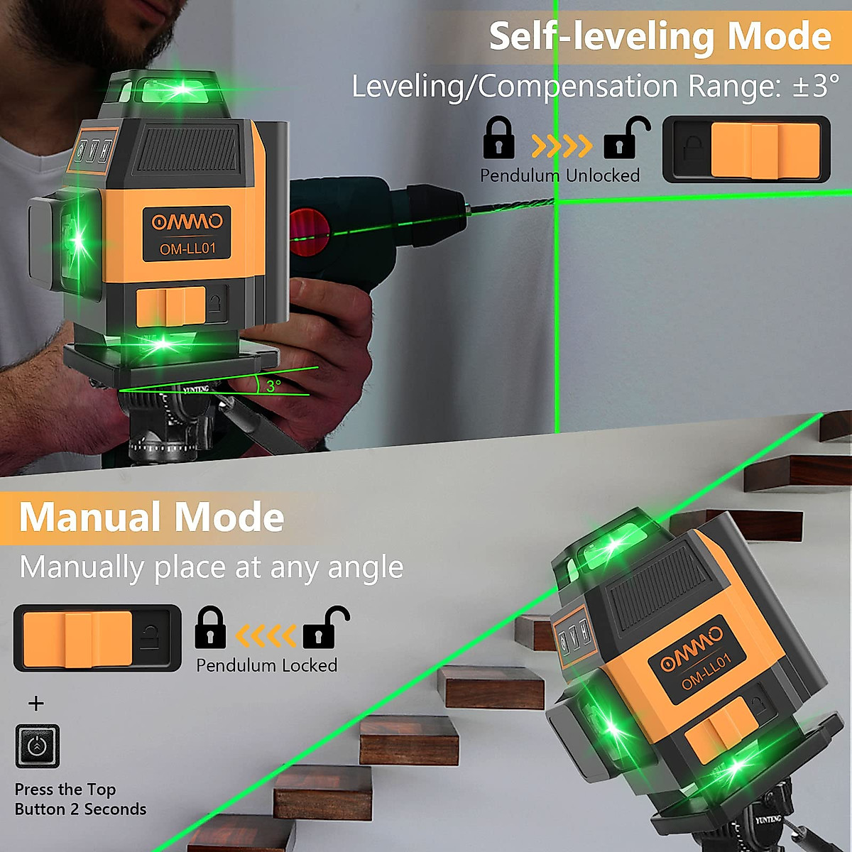 OMMO Laser Level, 16 Lines Green Laser Level Self Leveling Tool, 150ft Mini Laser Level Beam Tool with Two 360° Vertical and Two 360° Horizontal Lines, Magnetic Stand USB Cable Included