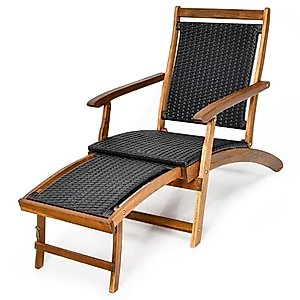 RELAX4LIFE Patio Chaise Lounge Chair - Acacia Wood Folding Rattan Wicker Chair w/Retractable Footrest, Space-Saving Ergonomic Deck Chair for Garden, Poolside, Patio