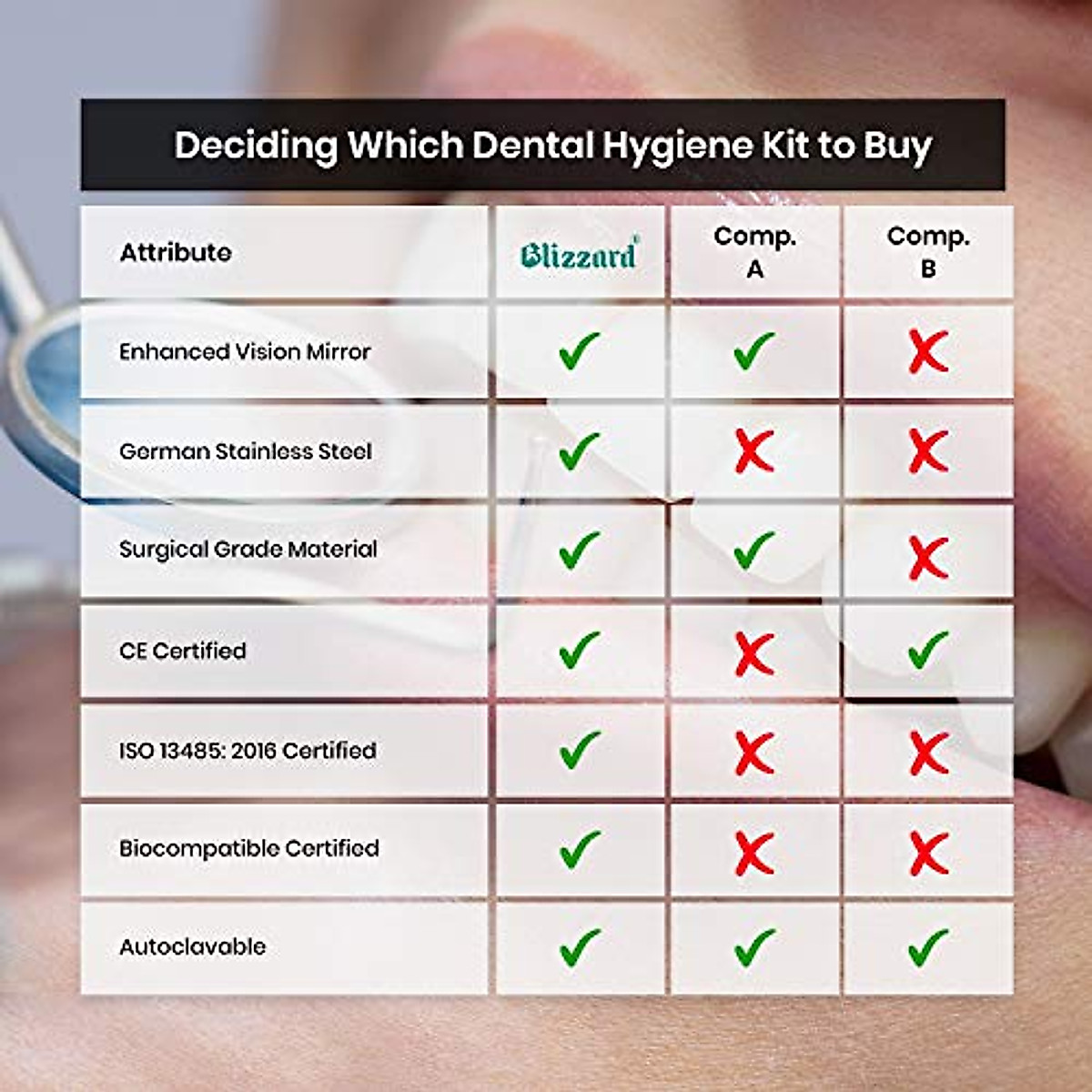 Dental Tools by Blizzard - Plaque Tartar Remover for Teeth - Professional Dental Hygiene Cleaning Kit 4-Pcs, German Stainless Steel Oral Care Set with Dental Pick, Mouth Mirror, Travel Case