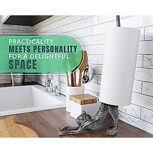 Yoga Cat Decorative Paper Towel Holder or Toilet Paper Holder by Comfify - Adorable Downward Dog Pose Kitty- Cast Iron Paper Towel Stand - Antiqued Cast Iron White Color - 19" - Silver with Black
