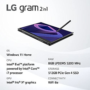 LG gram (2022) Laptop 14T90Q 2-in-1 14" Touchscreen, Intel Evo 12th Gen Core i5, 16GB RAM, 512GB SSD, Windows 11, Black