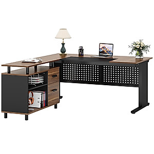 Tribesigns 63 Inch Executive Desk with File Cabinet, Large Office Desk L Shaped Computer Desk with Drawers and Storage Shelves, Business Furniture Desk Workstation for Home Office, Brown and Black