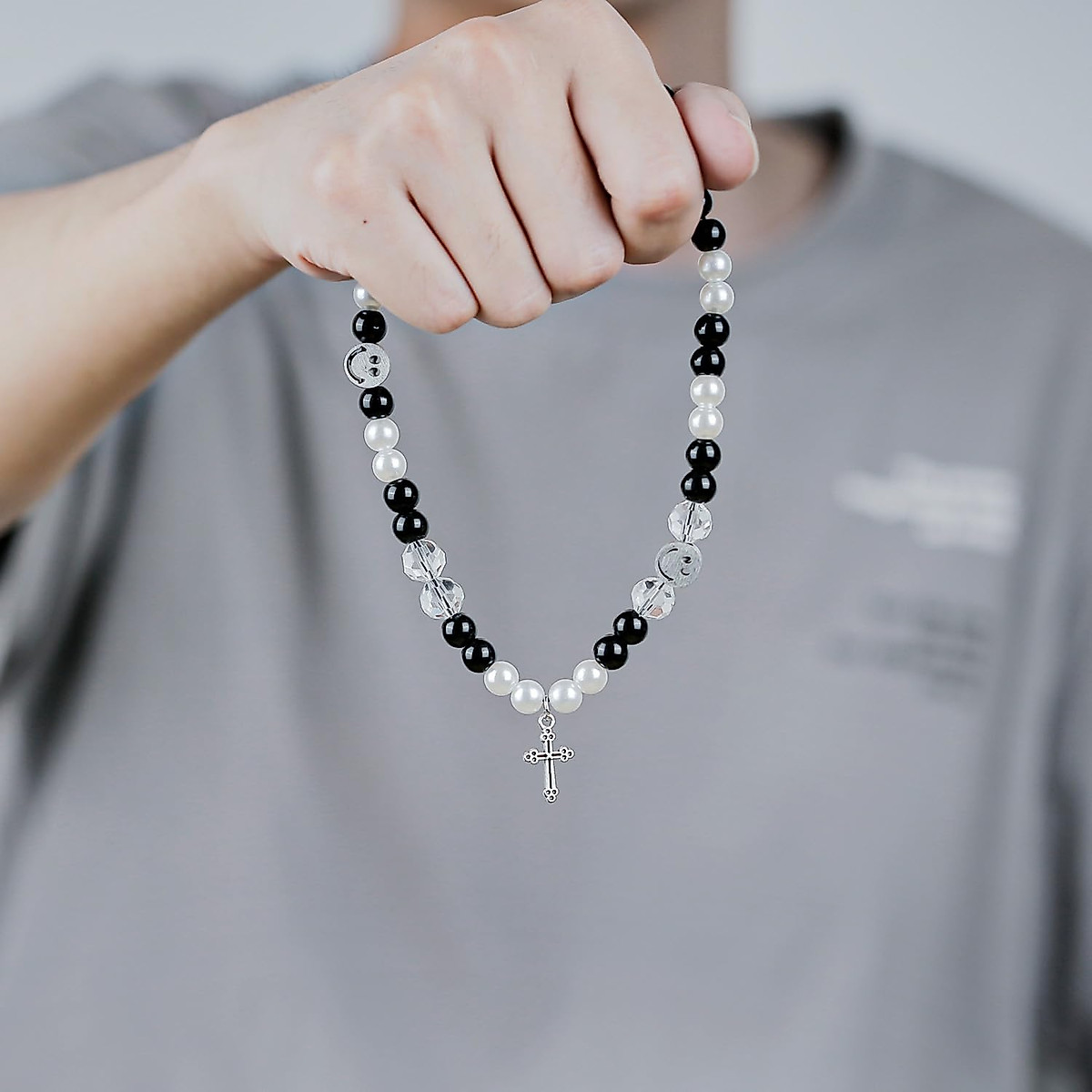 FLYEMMET Gothic Cross Charm Pendant Necklaces Y2k Fashion Black Beads Pearls Chain Choker Necklace for Women Men Jewelry Gifts (Smiley Face Beads)