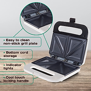 Rae Dunn Portable Sandwich Maker - Non-Stick Plates, Indicator Light, Locking Lid, Cool Touch Handle & Cord Storage. Ideal for Breakfast, Grilled Cheese & Tuna Melts. Easy to Clean & Store - (Cream)