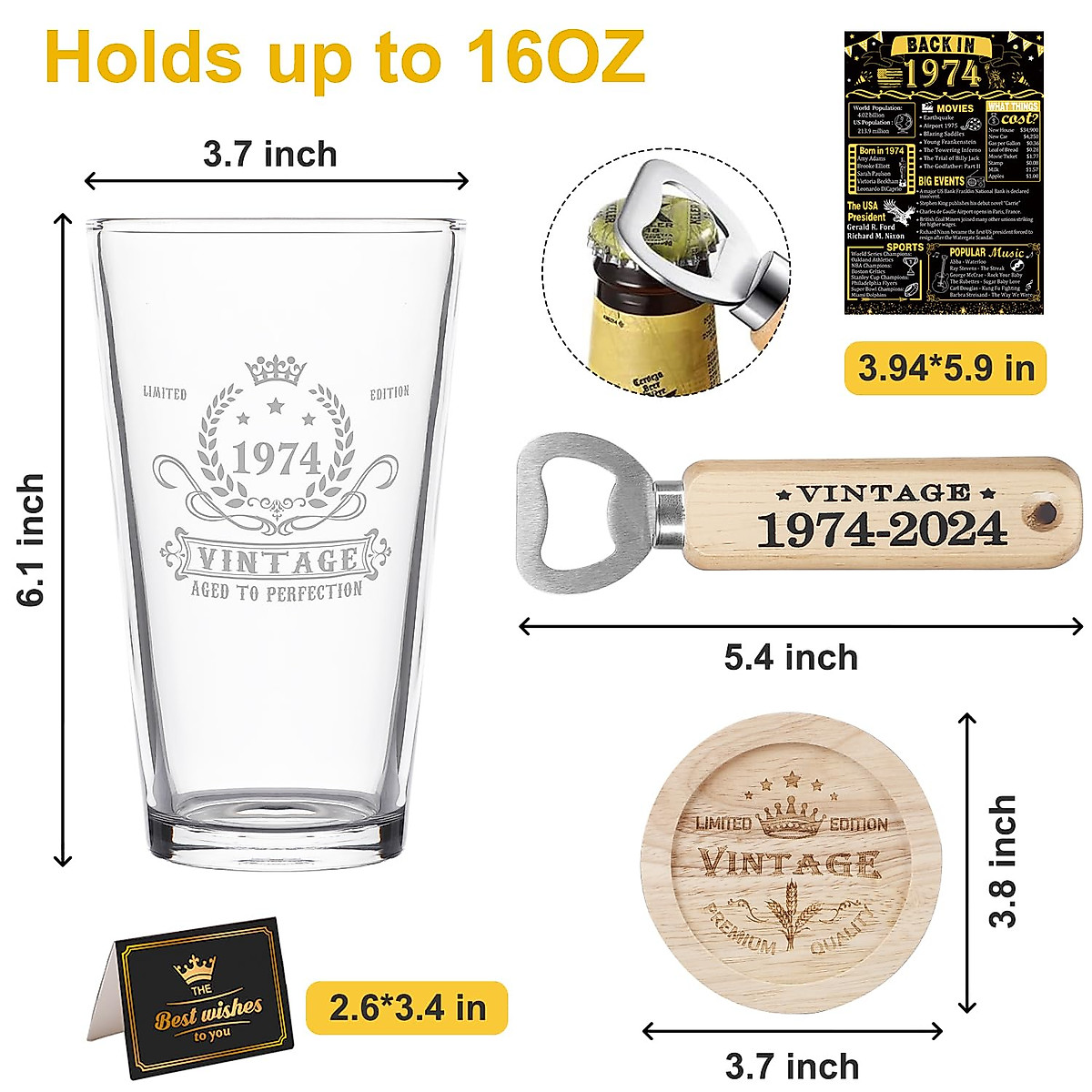 50th Birthday Gifts for Men, Vintage 1974 Beer Glass, Wooden Bottle Opener, Wooden Coaster, Vintage Beer Gift Box, 1974 Poster Anniversary Card and Greeting Card 50th Birthday Gift Ideas for Him