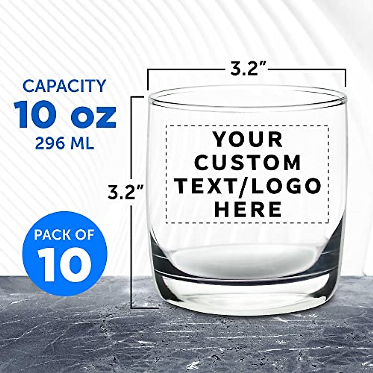 Custom Whiskey Glasses 10 oz Set of 10, Personalized Bulk Pack - Heavy Base Old Fashioned Glass, Perfect for Scotch, Bourbon, Whiskey, Cocktail - Clear
