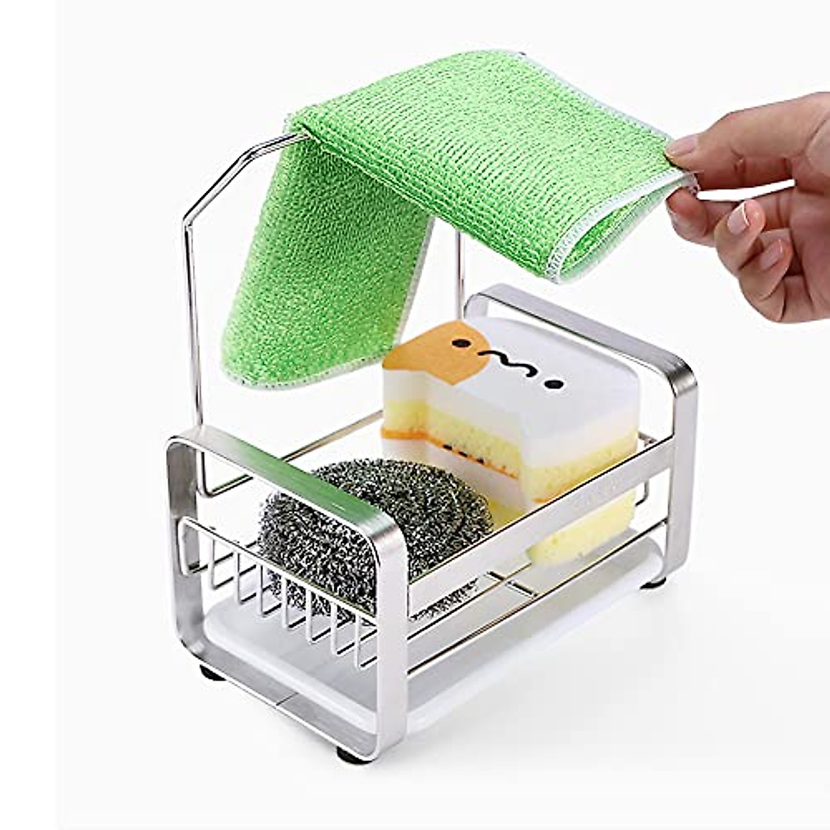Dish Racks, Sponge Holder, Sink Caddy Organizer for Soap, Brush and Sponge, Sink Tray Drainer Rack with Removable Drain Pan & Anti-Slip Pads ,SUS304 Stainless Steel Dish Cloth Hange