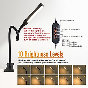 CeSunlight Clip on Reading Light, Clip Light, Warm & Daylight & White Light 3 Colors, Eye-Care Clamp Lamp with 10 Dimmable Illumination Modes