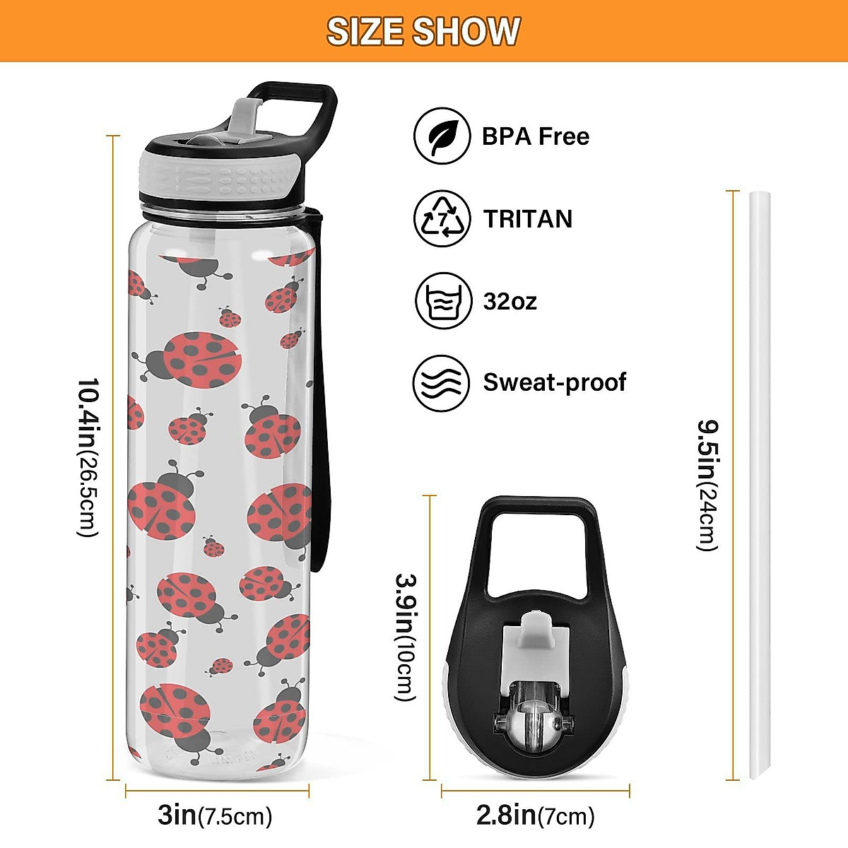 xigua Ladybug Water Bottle with Straw Lid,32 oz Leakproof Sport Water Bottle with Wide Handle for Gym,Cycling,School,Travel