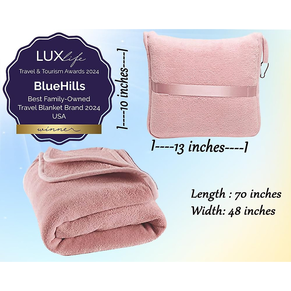BlueHills Premium Soft Long Travel Blanket Pillow for Tall Airplane Flight Blanket 70 X48 inch Throw in Soft Bag case with Hand Luggage Belt & Backpack Clip Compact Pack Large Pink T055