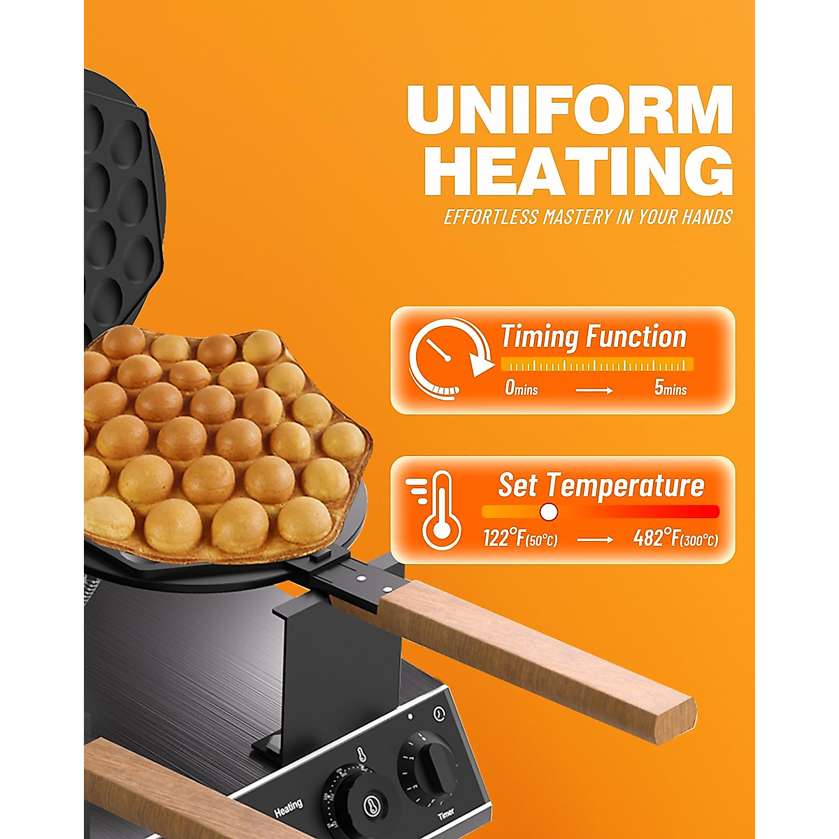 PYY Double Bubble Waffle Maker Commercial Waffle Maker Non-stick Hong Kong Egg Waffle Maker for Home Use Stainless Steel Pancake Maker 180° rotate, 1500W 110V Electric Cone Maker 122-482℉