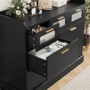 HOSTACK Modern 7 Drawer Dresser, Wide Chest of Drawers with Fence, Wood Storage Organizer with Gold Handle & Fluted Glass, Accent Storage Cabinet for Living Room, Entryway, Black