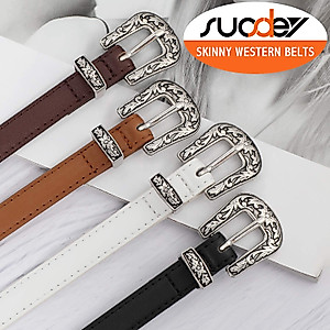 SUOSDEY Black Women Western Skinny Leather Belts Adjustable Fashion Thin Waist Belt for Dresses With Vintage Buckle
