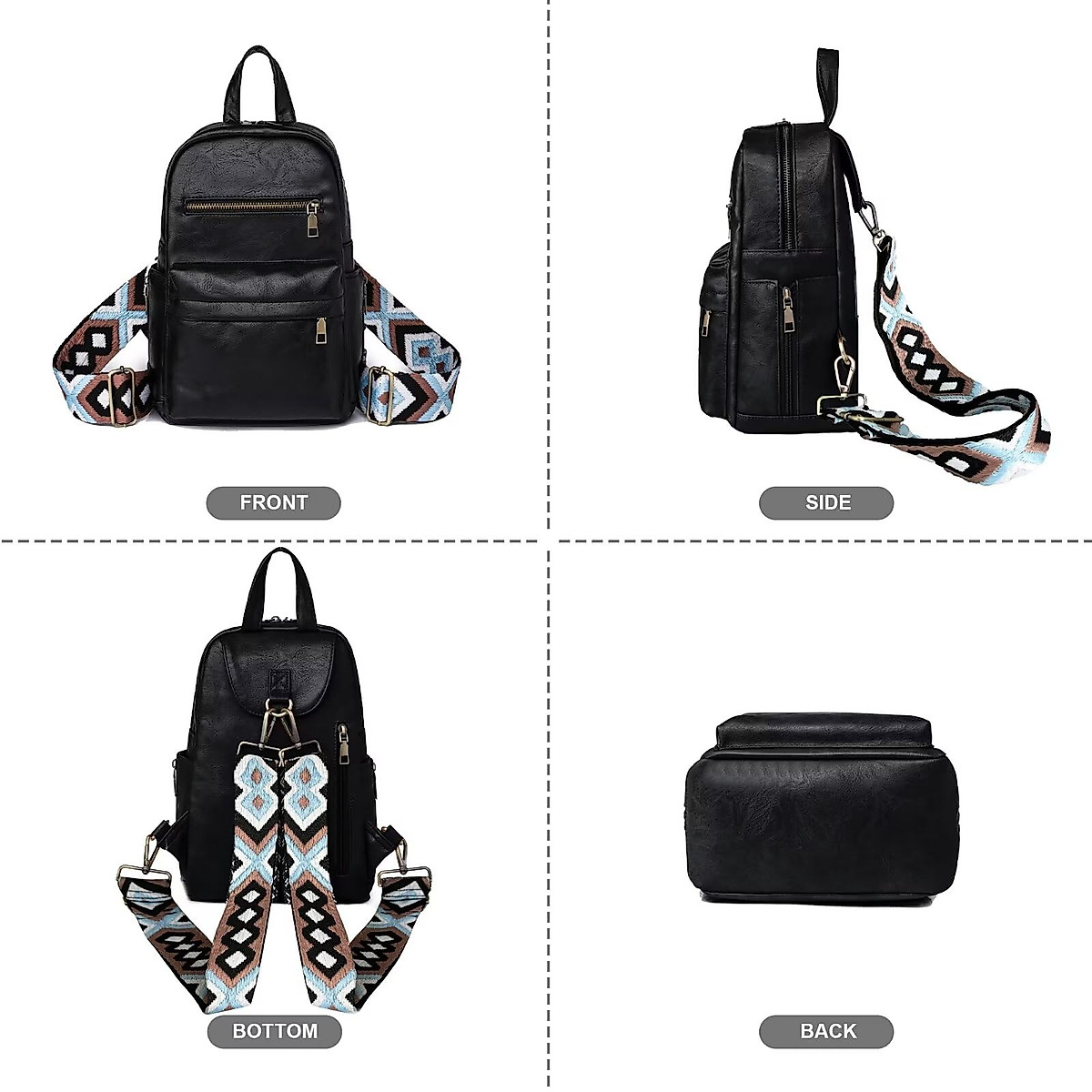 JYOPA Sling Bags Small Backpack for Women Leather Backpack Purse Fashion Mini Convertible Crossbody Bag Guitar Strap Black