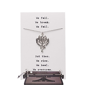 QUINNLYN & CO. Phoenix Om Lotus Flower Pendant Necklace, Handmade Gifts for Women with Inspirational Quote on Greeting Card, Stainless Steel