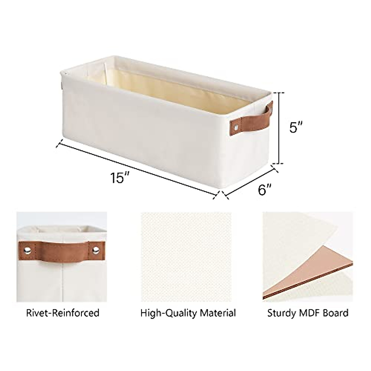 StorageWorks Narrow Storage Bins, Small Baskets for Organizing, Long Storage Basket with Handles, Fabric Storage Bins for Shelf, Beige, 2-Pack