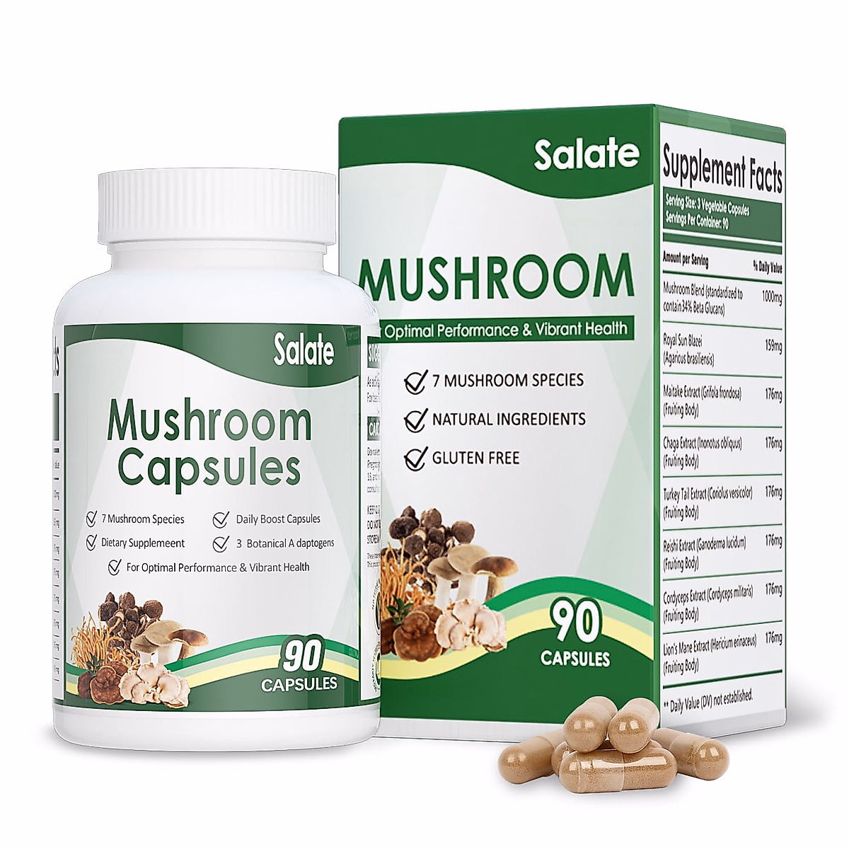 Salate Lion's Mane Supplement Organic Mushroom Extract for Memory and Focus, Concentration & Immune Support Brain Capsules with 100% Fruit Bodies & Extracts