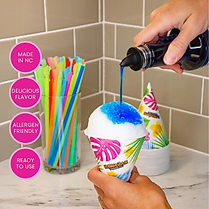 Hawaiian Shaved Ice Snow Cone and Shaved Ice Machine with Blade Adjustment Knob and 5 Reusable Plastic Ice Cups Bundled with 3 Flavor Quart Pack of Cherry, Grape, and Blue Raspberry