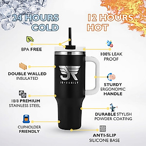 JR-FAMILY 40oz Spill Proof Tumbler with Lid Straw and Handle, Stainless Steel Insulated Travel Coffee Mug, Cup Holder Friendly, Easy Clean, Gifts for Women Men - Black