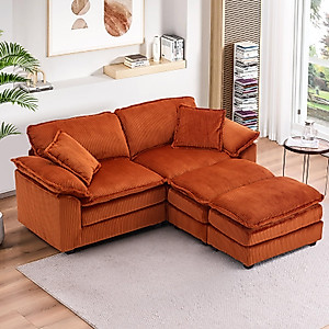Oversized Chaise Lounge Chair Indoor with Ottoman,84.6"W Corduroy Upholstered Modern Loveseat Sofa,Deep Seat L Shaped Sectional Couch,Comfy Reclining Sleeper Chair for Living Room(2 Seater,Orange)