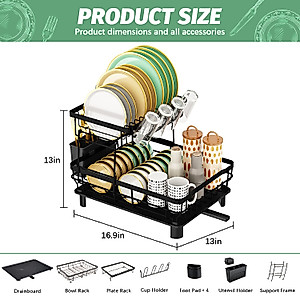 Vanleonet Dish Drying Rack with Drainboard Set, 2 Tier Stainless Steel Large Dish Racks with Drainage, Dish Drainers with Wine Glass Holder, Utensil Holder and Extra Drying Mat