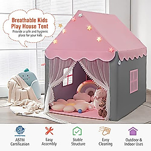 Costzon Kids Play Tent, Playhouse Tent w/Washable Cotton Mat, Star String Lights, Windows, Bottom Zippers, Large Indoor & Outdoor Castle Fairy Tent, Easy Assembly, Gifts for Boys & Girls (Pink)