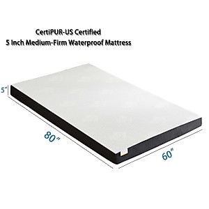 Memory Foam Mattress, 5Inch, Queen Waterproof Cover Mattress, Gel Memory Foam, Medium Firm Feel, Washable Pressure Relief & Cool Sleep Bed in a Box CertiPUR-US Certified