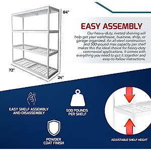MonsterRax Heavy Duty Garage Shelving - 24" x 72" x 84" - 500 lbs/Shelf - Adjustable 4 Tier Metal Utility Shelves - High Grade Steel Freestanding Storage Rack for Warehouse, Basement - White Finish