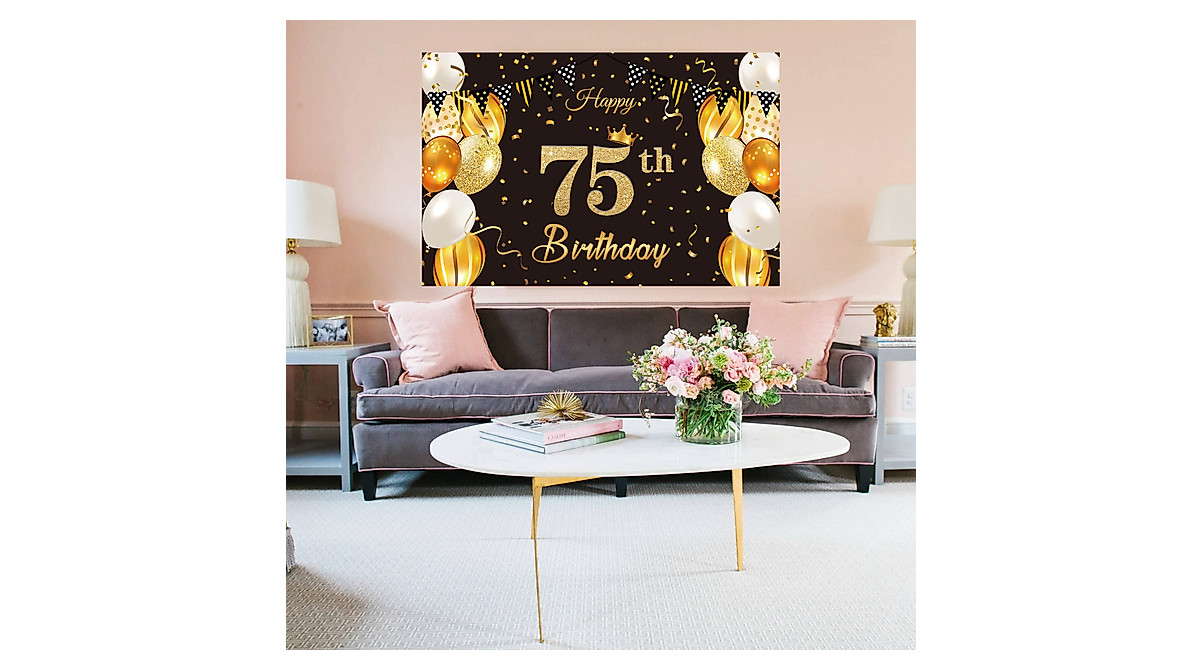 75th Birthday Banner Black & Gold - Elegant Party Decor & Backdrop