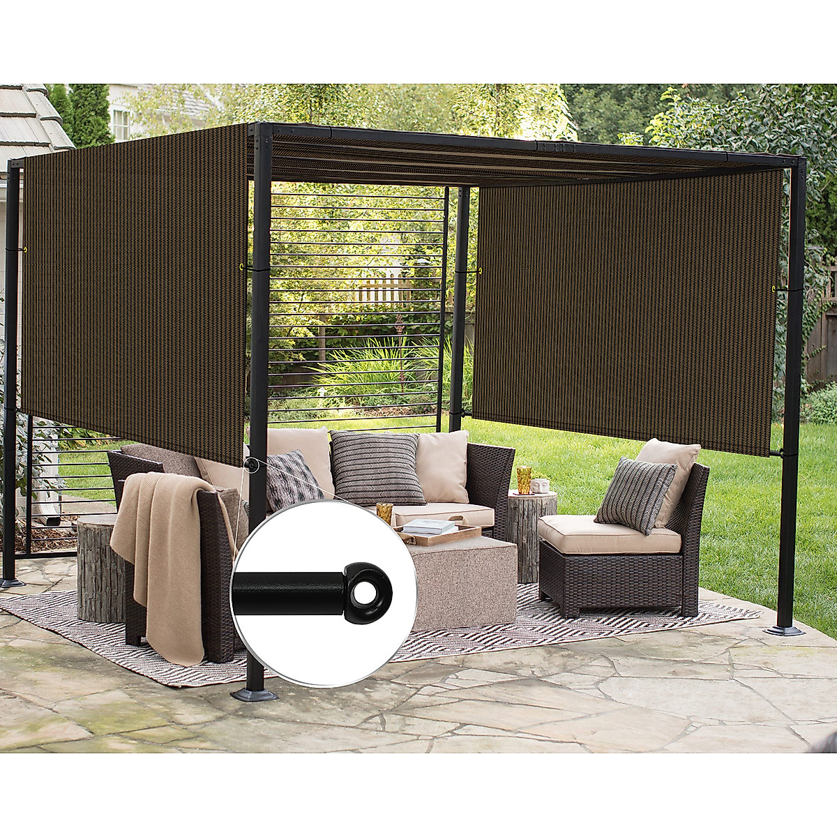 Patio Outdoor Shade Universal Replacement Pergola Canopy Shade Cover 8’X16’ Brown with Grommets 2 Sides Weighted Rods Included Shade Screen Panel for Balcony Deck Porch
