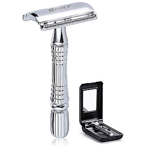 BAILI Classic 3-Piece Double Edge Safety Razor Wet Shaving for Men Women with Platinum Blade and Mirrored Travel Case BD176