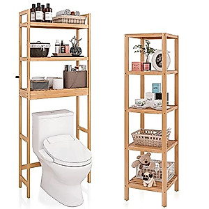 SMIBUY Bamboo Bathroom Over-The-Toilet Storage Shelf with 3-Tier Adjustable Shelves and 5-Tier Bamboo Rack Organizer Unit for Living Room Bedroom Kitchen (Natural)