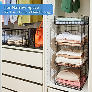 4 Pack Closet Organizers and Storage Shelves for Clothes, 4 Tier Stackable Closet Storage Basket Bin Container for Clothing Sweater Jean, Narrow, Foldable, Sturdy Metal Closet System Organizer Shelf