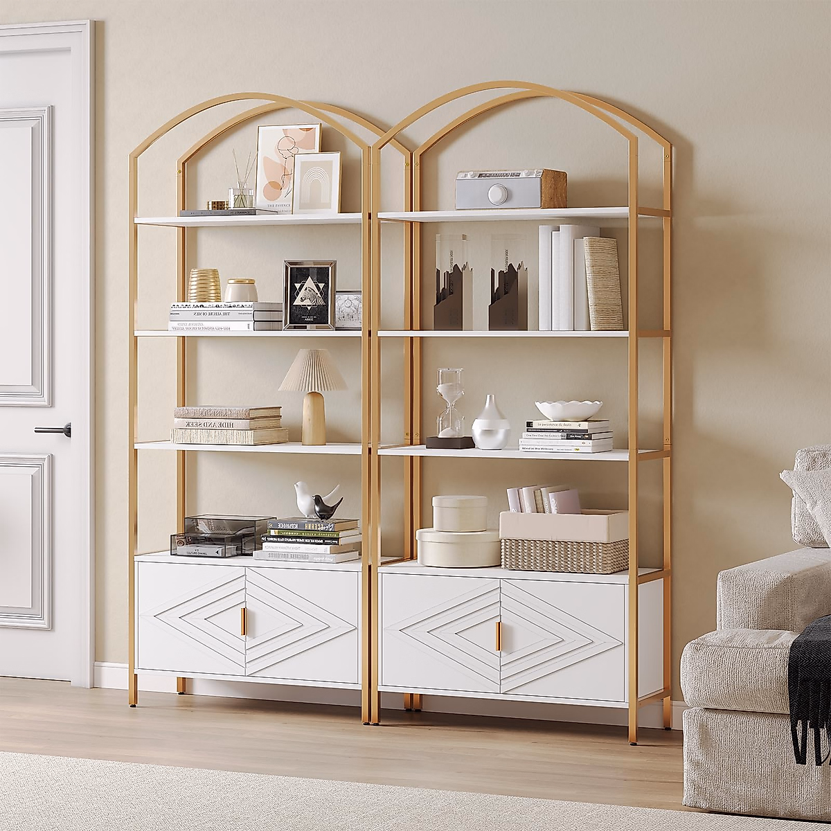 ONBRILL 5 Tier Bookshelf, 71 Inch Tall Arched Metal Bookcase with Storage Cabinet, Modern Industrial Organizer Bookshelves, Display Rack for Bedroom Living Room Home Office, Easy Assembly, Gold