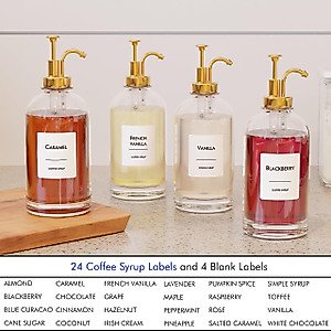 Coffee Syrup Dispenser Set - 2 Glass Bottles with Gold Pumper and Syrup Labels - Precise Dispensing and Stylish Addition to Coffee Shop, Cafe or Home Bar