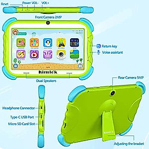 kimlok Kids Tablet Tablet for Kids，Android 11, 7 Inch 2GB+32GB, WiFi, Parental Control APP，Dual Camera, Bluetooth, Friendly Learning Tablets for Kids with Case Included for Boy and Girl Green