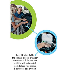 Cozy Stroller Caddy Organizer (Black, Insulated) - Everything Mom Needs on Stroller - 2 Deep Cup Holders, 3 Separate Spaces, Front Cellphone Holder, Wallets, Diapers, Milk