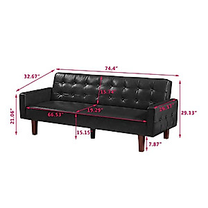 Eafurn 74.41" Faxu Leather Upholstered Futon Sofa Bed, Deep Button Tufted Convertible Folding Sleeper Couches with Solid Wood Legs, 3 Seater Comfy Soft Sofa & Couches for Living Room Office, Black PU