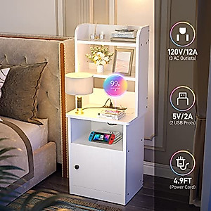 White Nightstand with Charging Station and USB Ports, 47" Tall Bedside Table with Adjustable Bookshelf, Industrial End Table Side Table with Storage Cabinet for Home Office, White