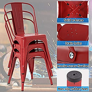 Metal Dining Chairs Indoor-Outdoor Stackable Chic Restaurant Bistro Chair Set of 4 330LBS Weight Capacity Sturdy Cafe Tolix Kitchen Farmhouse Pub Trattoria Industrial Side Bar Chairs Red