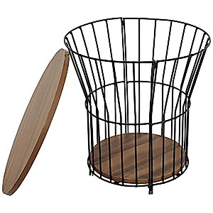 Sunnydaze 17.25-Inch H Modern Pedestal Wire Side Table with Faux Woodgrain Pull-Open Tabletop - Brown