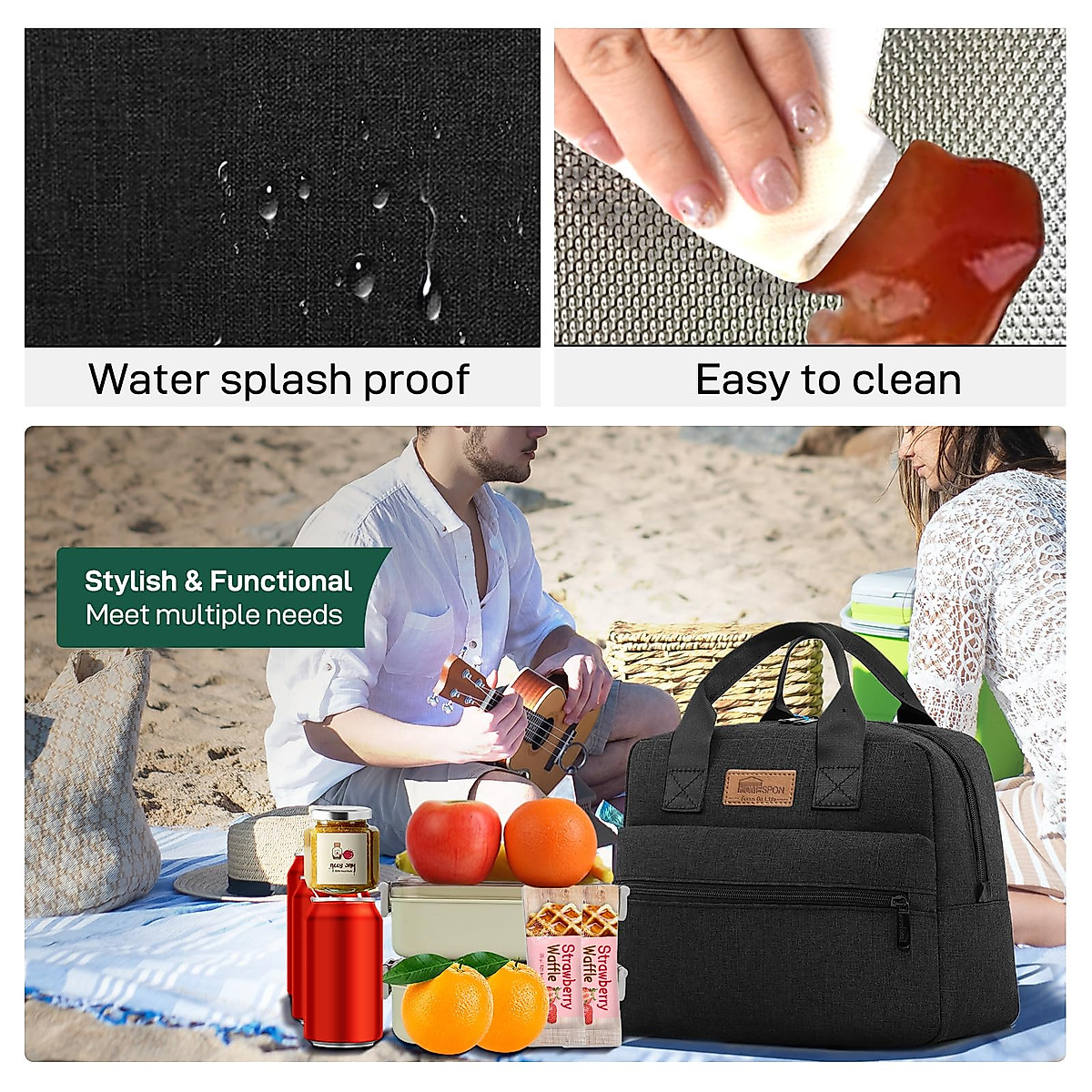 HOMESPON Insulated Lunch Bag Lunch Box Cooler Tote Box Cooler Bag Lunch Container for Women/Men/Work/Picnic,Large black