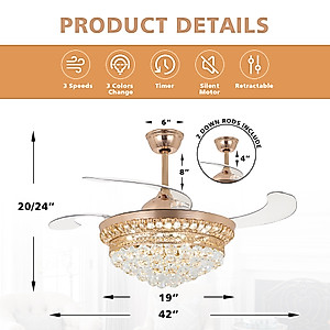 BIGBANBAN Bling Crystal Chandelier Fan, Retractable Ceiling Fans,42 Inch Ceiling Fan with 3 Color Change LED Light and Remote for Bedroom/Living Room/Dining Room (Rose Gold)