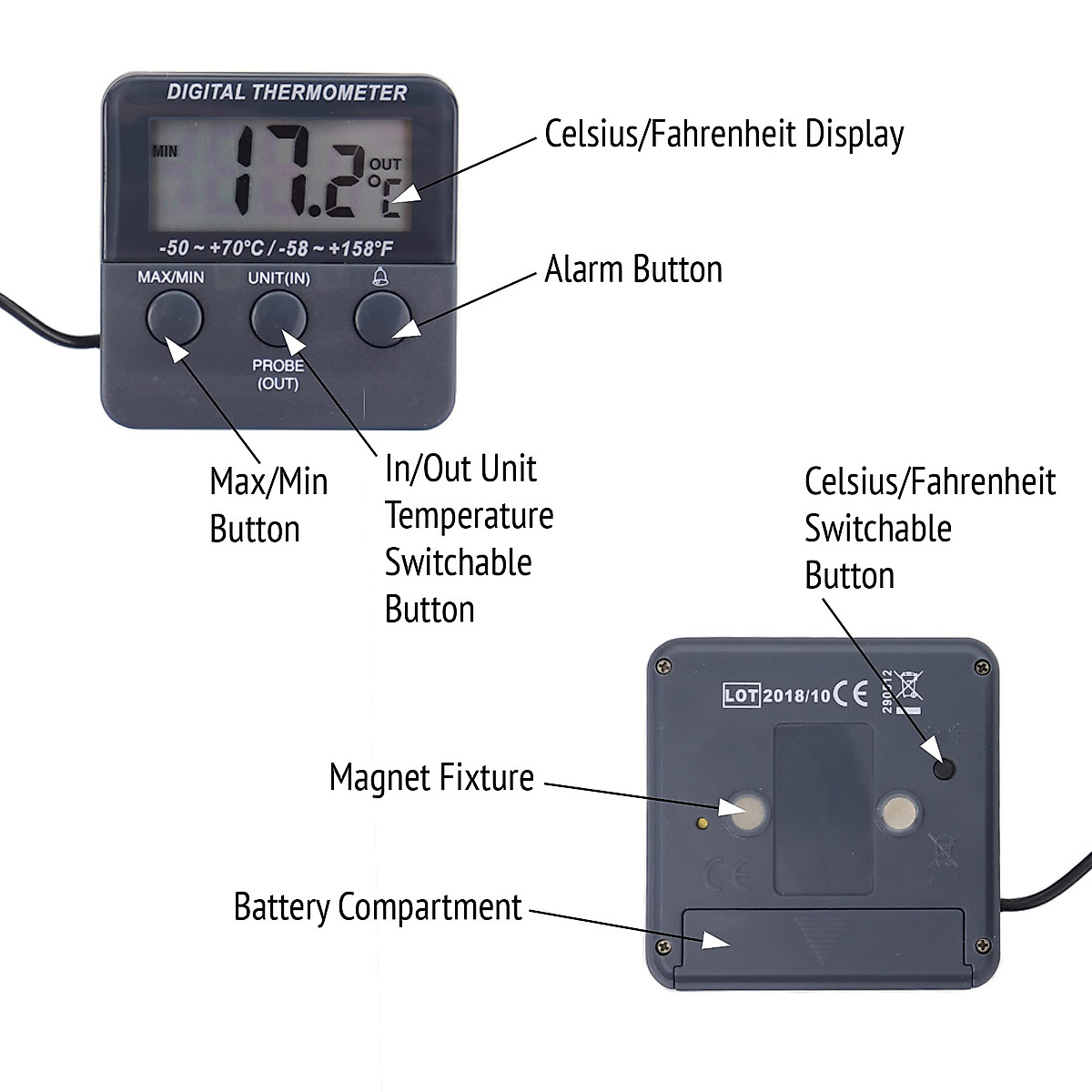 Digital Fridge Freezer Thermometer with Fridge Freezer Temperature Alarm and Max Min Function - Refrigerator Thermometer for Fridge and Freezer Alarm Alert When Temperatures Drop