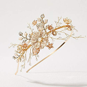 SWEETV Flower-Leaf Bridal Headband Gold Crystal Tiara for Women Pearl Wedding Headpieces for Bride Hair Accessories for Prom Birthday Party