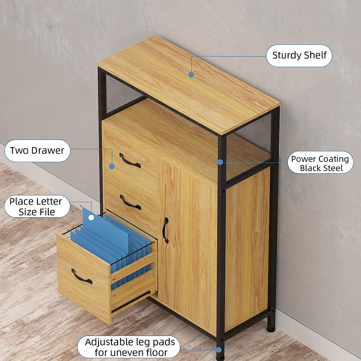 Visionwards 3 Drawer File Cabinet, Lateral Filing Cabinet Fits Letter Size, Large Printer Stand with Storage Shelves for Home Office, Orange